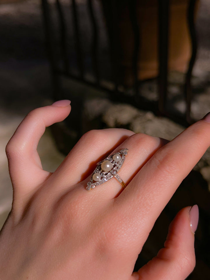 French Belle Époque Platinum and Diamond Navette With Pearls – Curio Incorporated